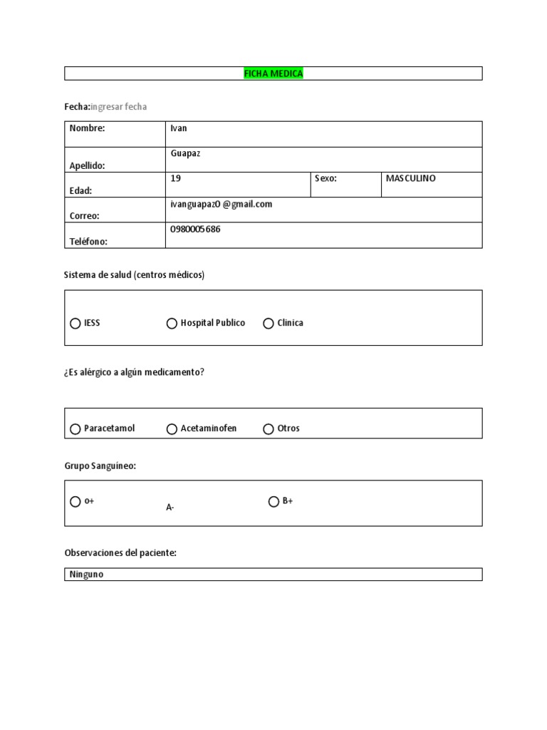 Ficha Medica Word | PDF