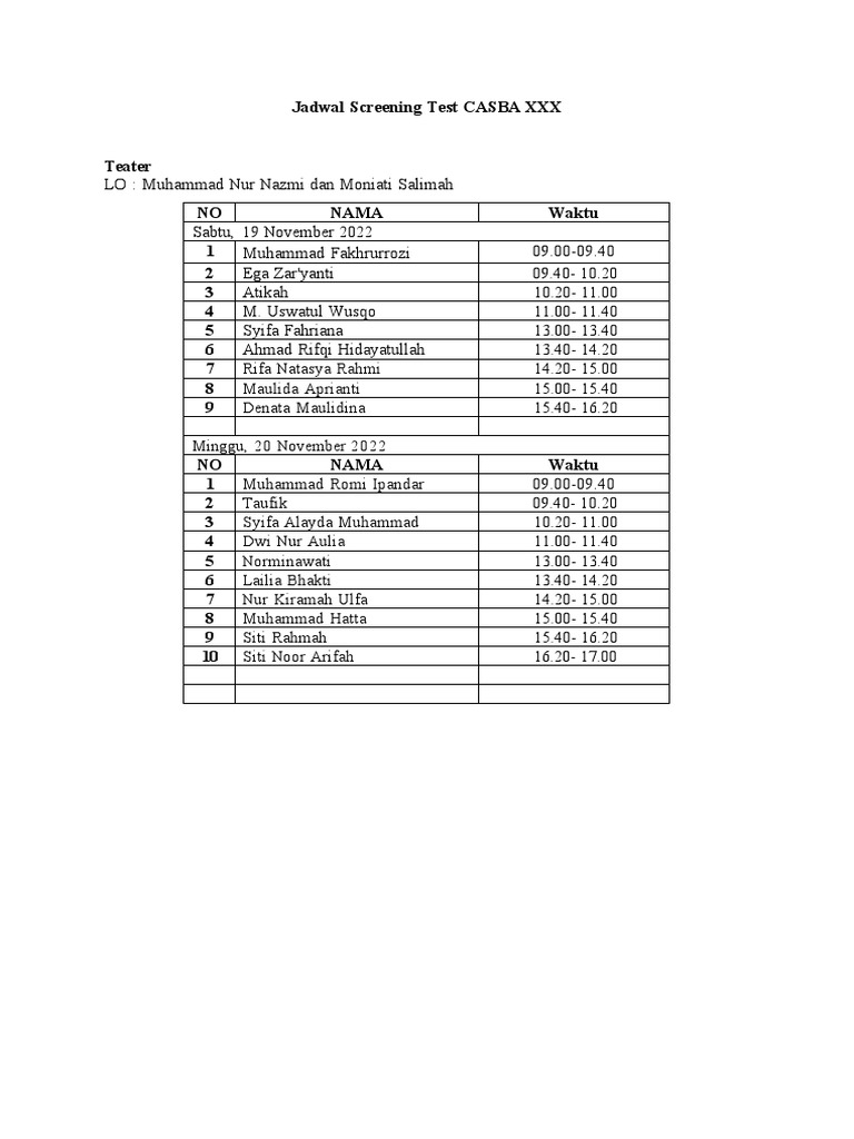 Jadwal Screening Test SBA | PDF