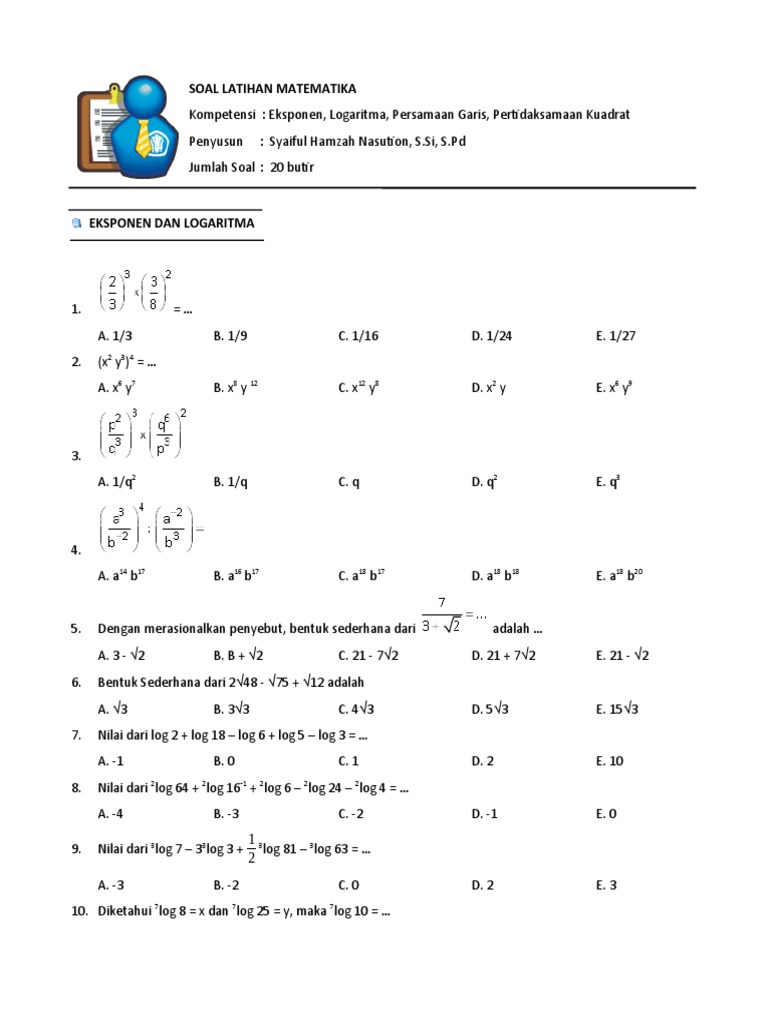 Latihan Soal Eksponen, Logaritma, Persamaan Garis dan Pertidaksamaan Kuadrat | PDF