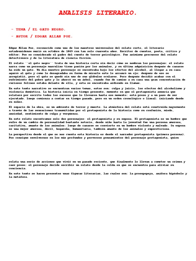 Analisis Literario - Obra: El Gato Negro | PDF | Edgar Allan Poe | Cuentos