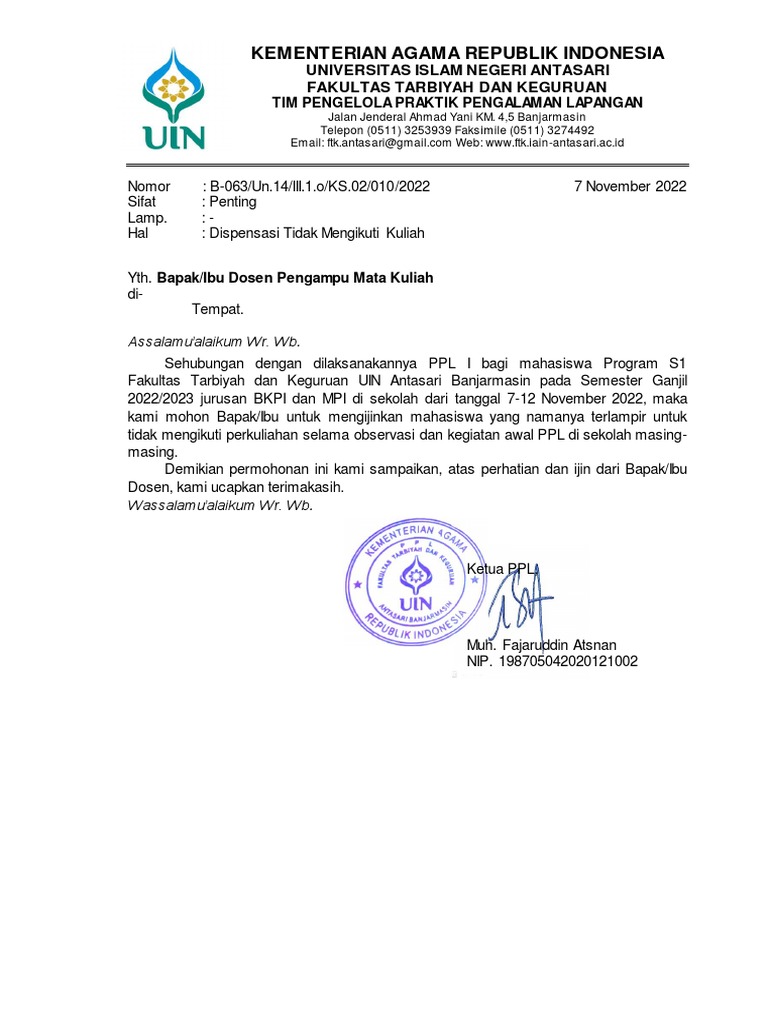 Mohon Ijin Dispensasi Kuliah | PDF