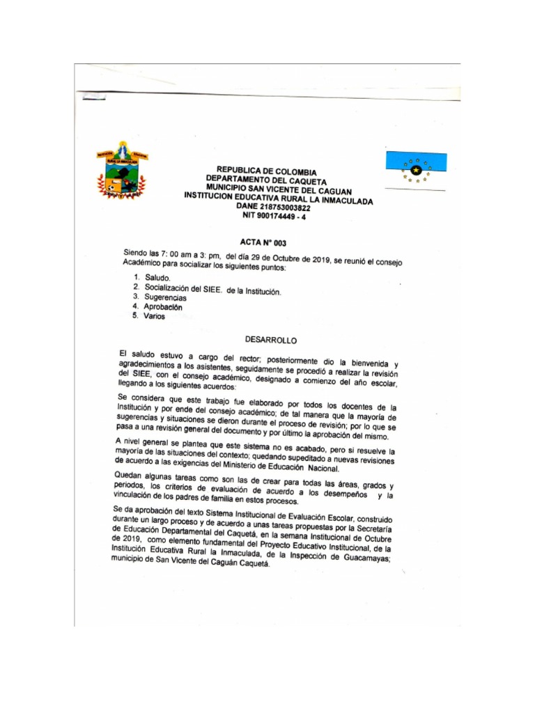 Acta Consejo Academico Aprobacion Siee | PDF