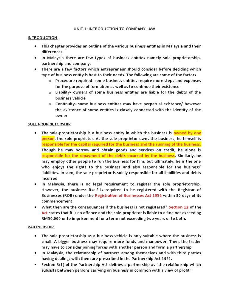 Unit 1 - Introduction To Company Law | PDF | Sole Proprietorship ...