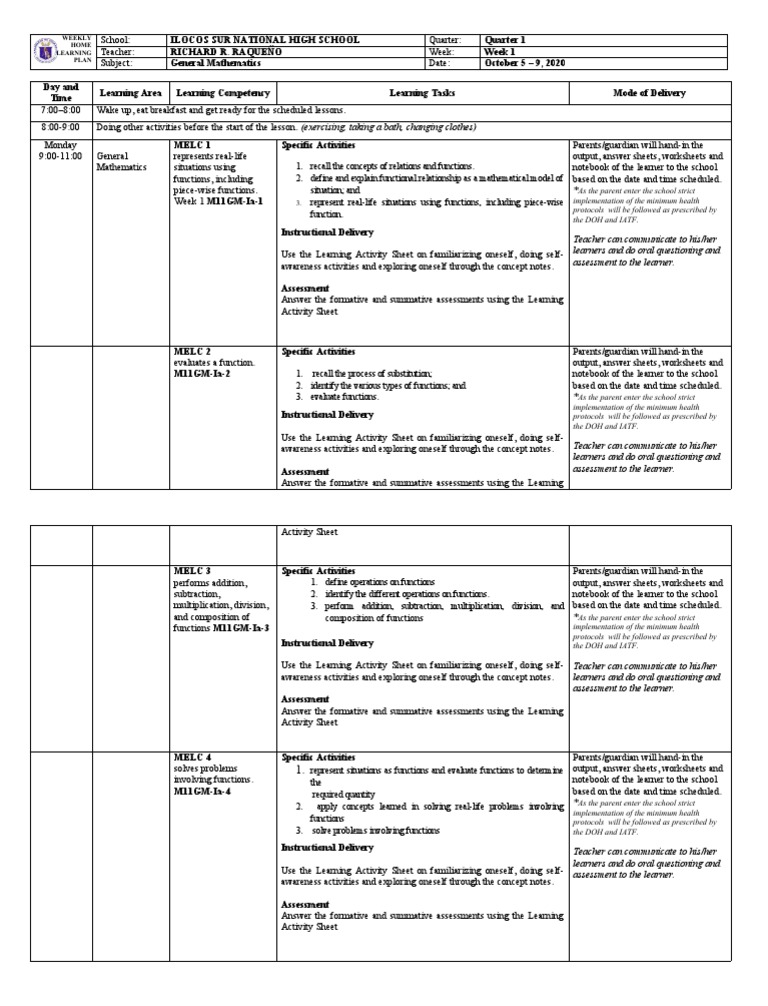 Weekly General Mathematics Plan | PDF | Learning | Education Theory