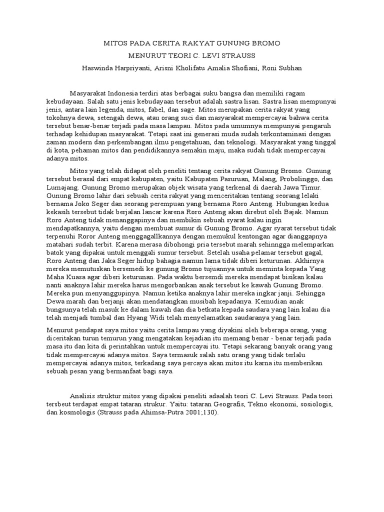 Mitos Pada Cerita Rakyat Gunung Bromo Menurut Teori C. Levi Strauss | PDF