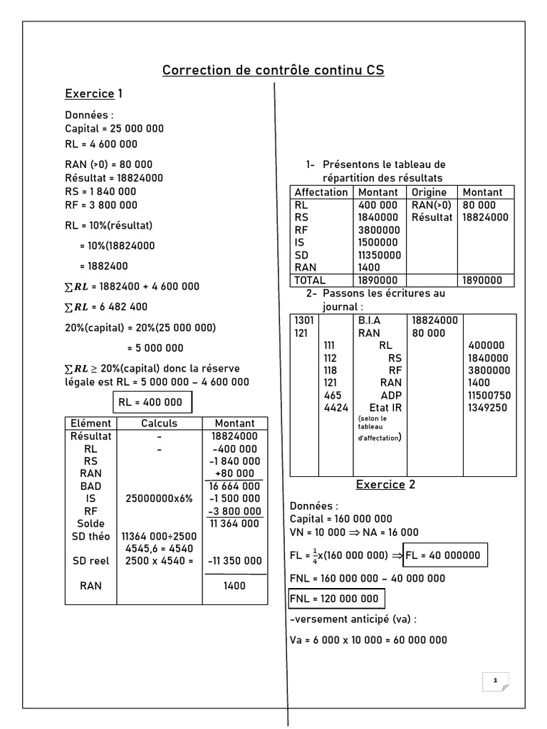 Correction contrôle continu CS : exercices et calculs | PDF