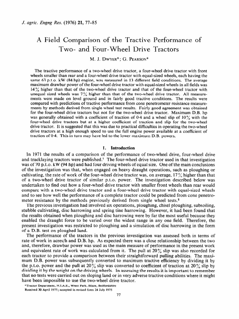 A Field Comparison of The Tractive Performance of Two-And Four-Wheel Drive Tractors | PDF ...