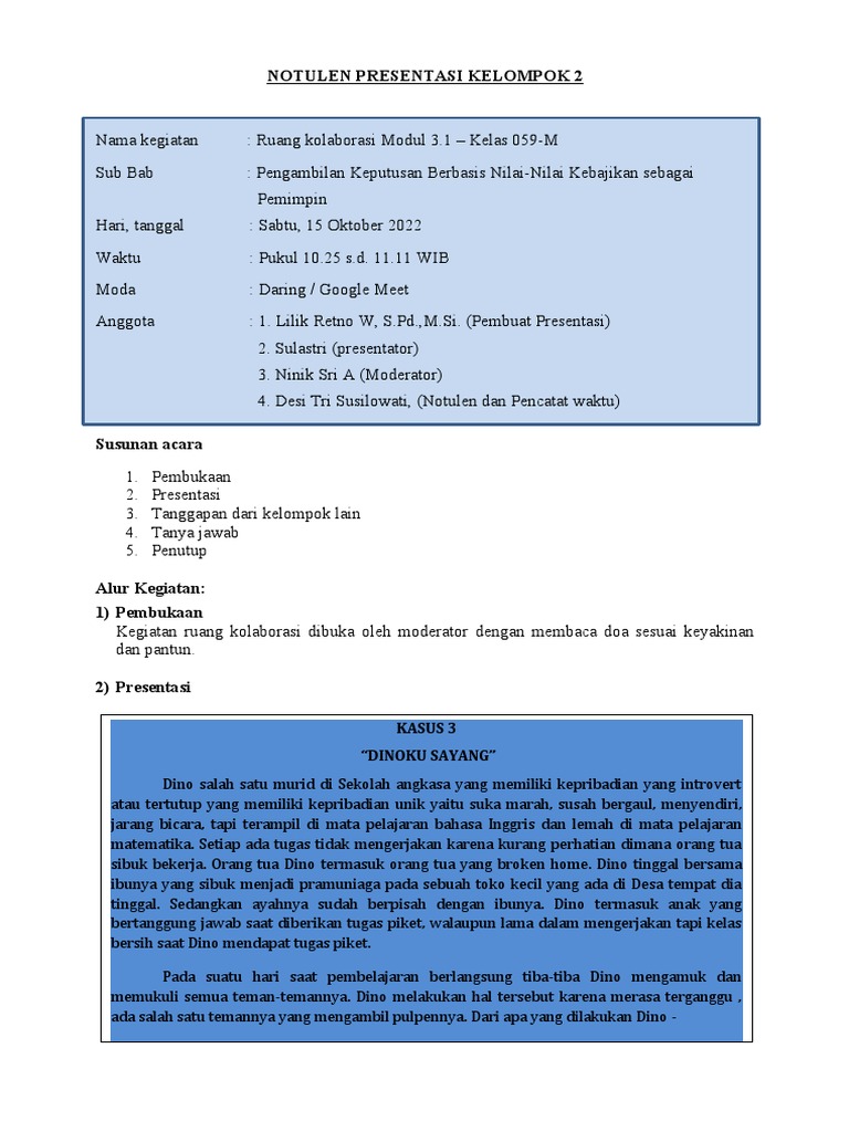 Notulen Presentasi Kelompok 1 - Modul 3.1 | PDF