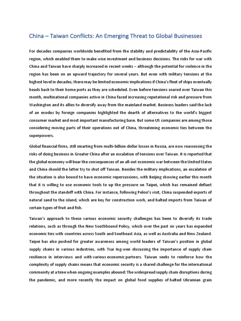 China - Tiwan Conflicts - An Emerging Threat To Global Businesses | PDF ...