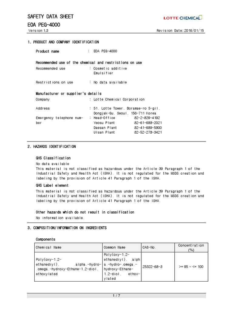 Eoa Peg-4000 (En) Msds | PDF | Dangerous Goods | Toxicity