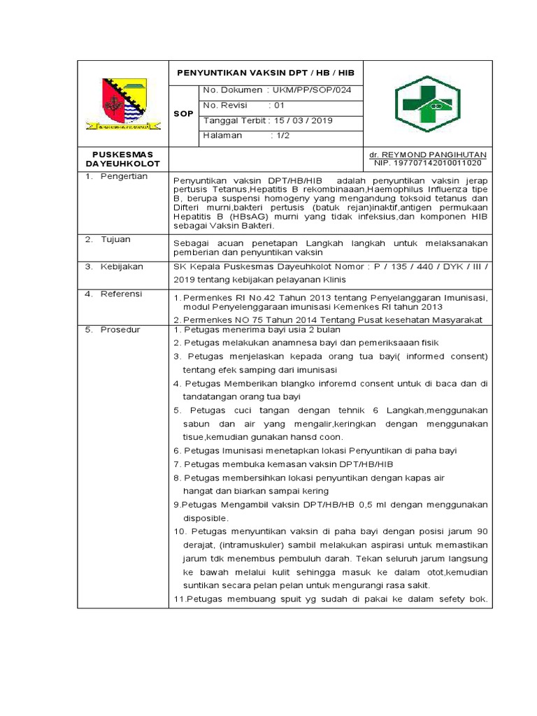 Sop Penyuntikan Vaksin DPT HB Hib Puskesmas Dayeuhkolot | PDF | Sains ...