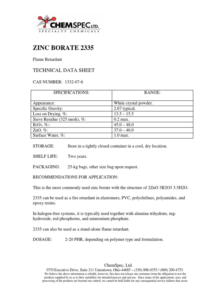 Zinc Borate 2335 TDS - Chemspec | PDF