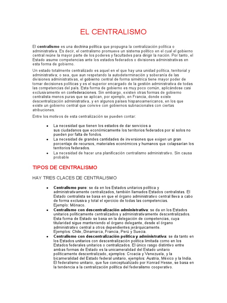 Los tipos de centralismo: centralismo puro, centralismo con ...