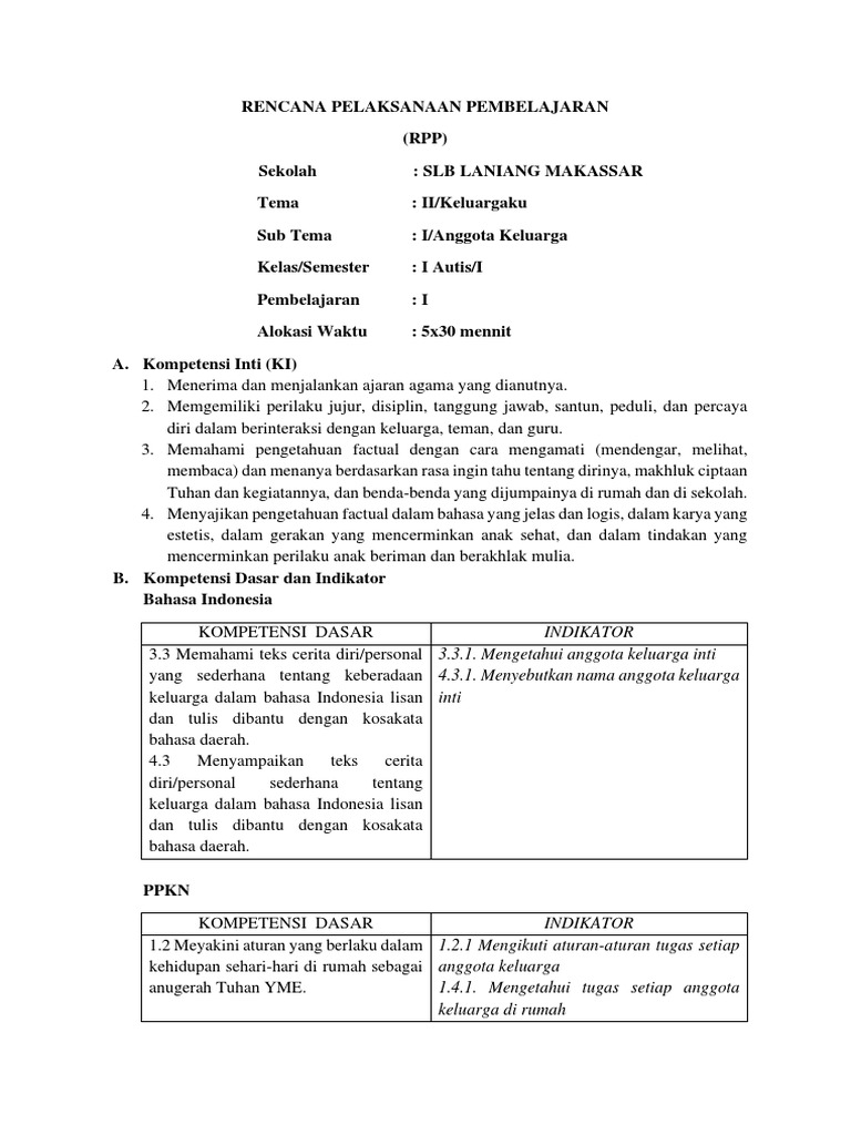 RPP Tematik Kelas 1 SLB Laniang Makassar | PDF