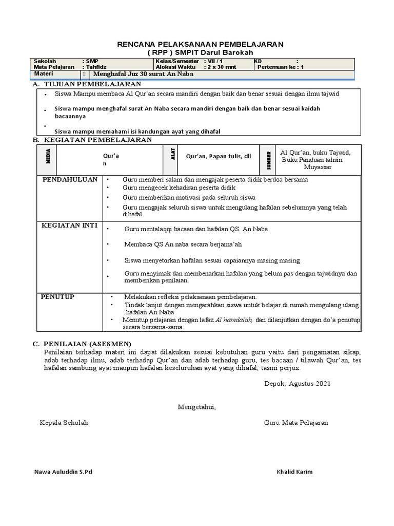 RPP Tahfidz Ok | PDF