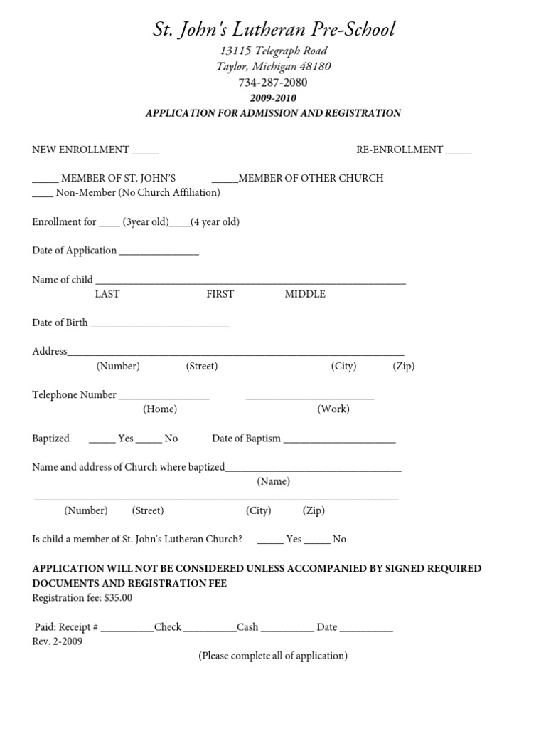 St. John's Pre-School Admission Form | PDF | Preschool | Lutheranism