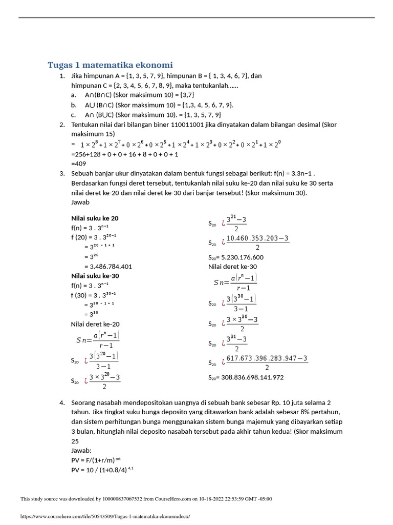 Tugas 1 Matematika Ekonomi | PDF