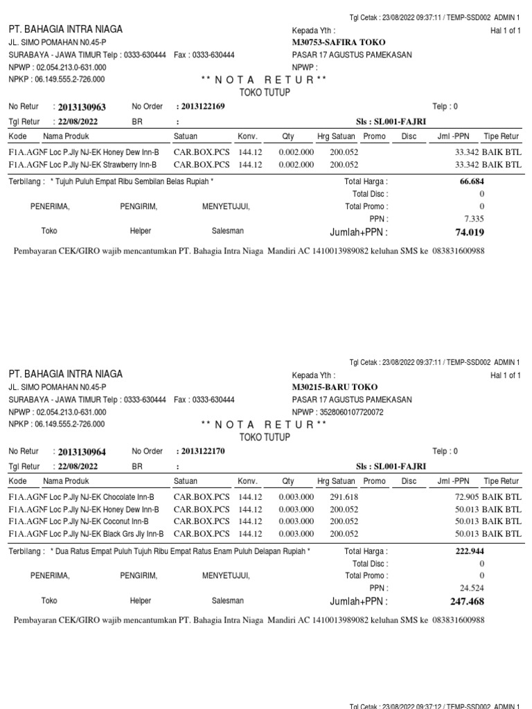 Pt. Bahagia Intra Niaga: Nota Retur | PDF