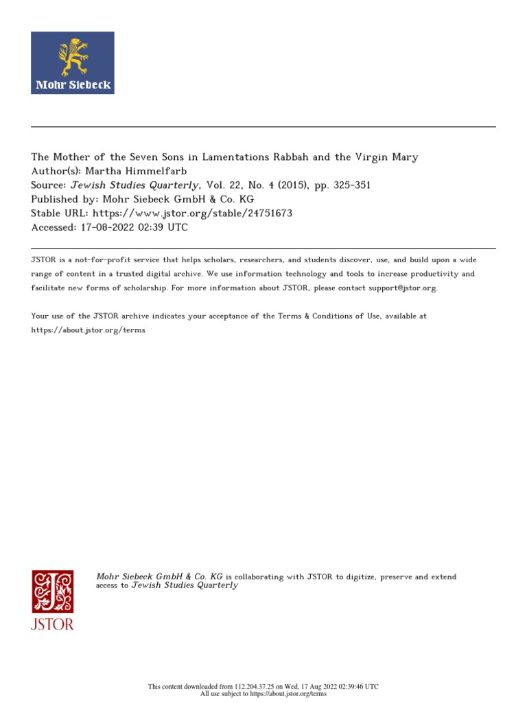 The Mother of The Seven Sons in Lamentations Rabbah and The Virgin Mary ...