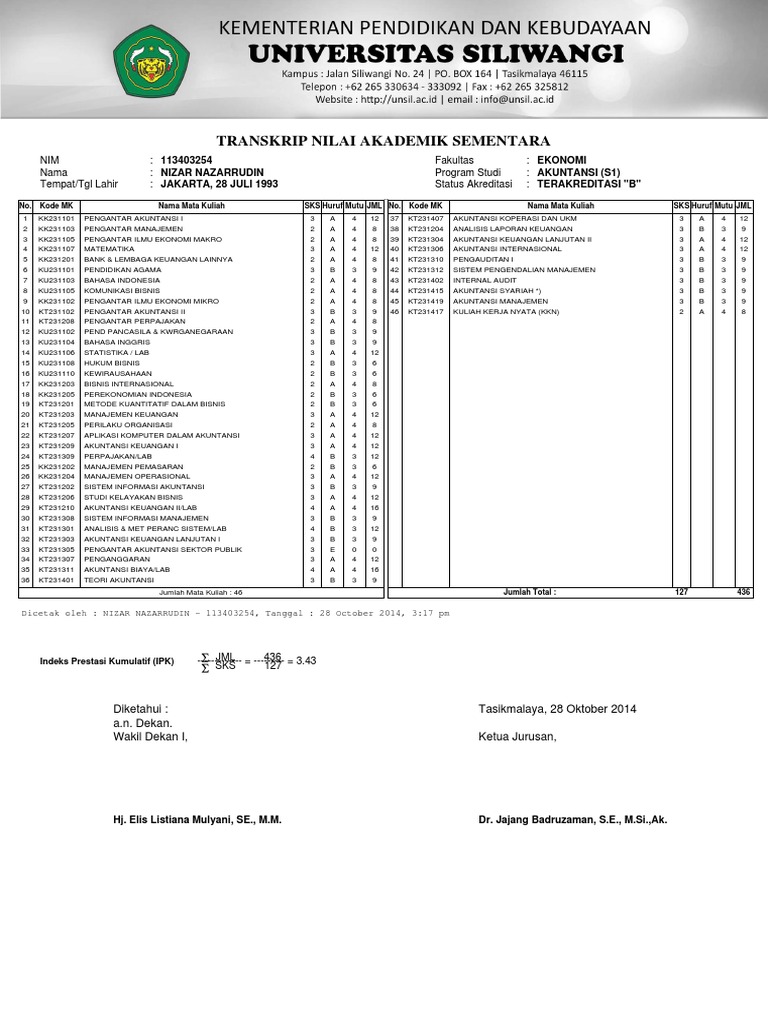 Transkrip Nilai Akademik Sementara | PDF | Teknologi & Rekayasa