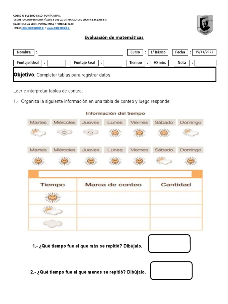 Evaluación de Matemática Tabla de Conteo | PDF
