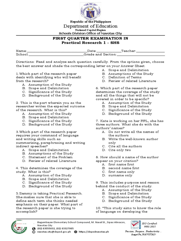 Practical Research 1 Exam | PDF | Sampling (Statistics) | Qualitative ...