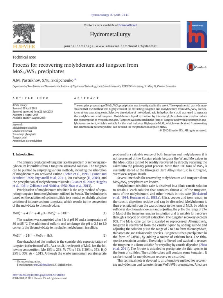 Process For Recovering Molybdenum and Tungsten From MoS3/WS3 ...