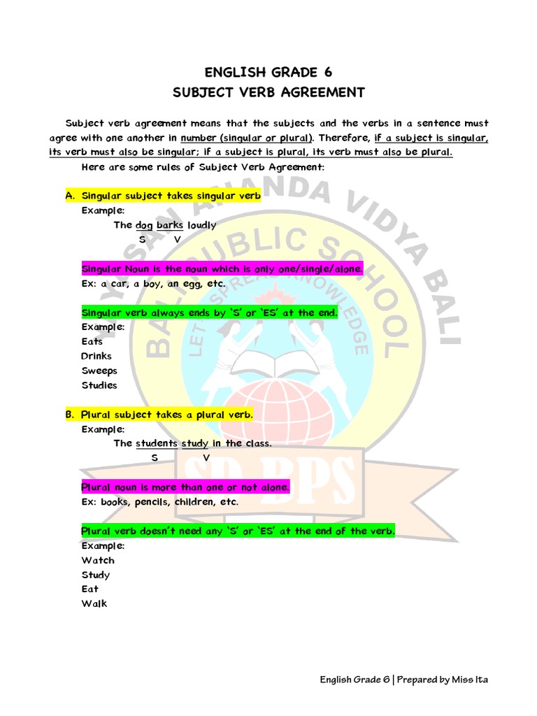 Subject-Verb Agreement for 6th Grade | PDF | Grammatical Number | Verb