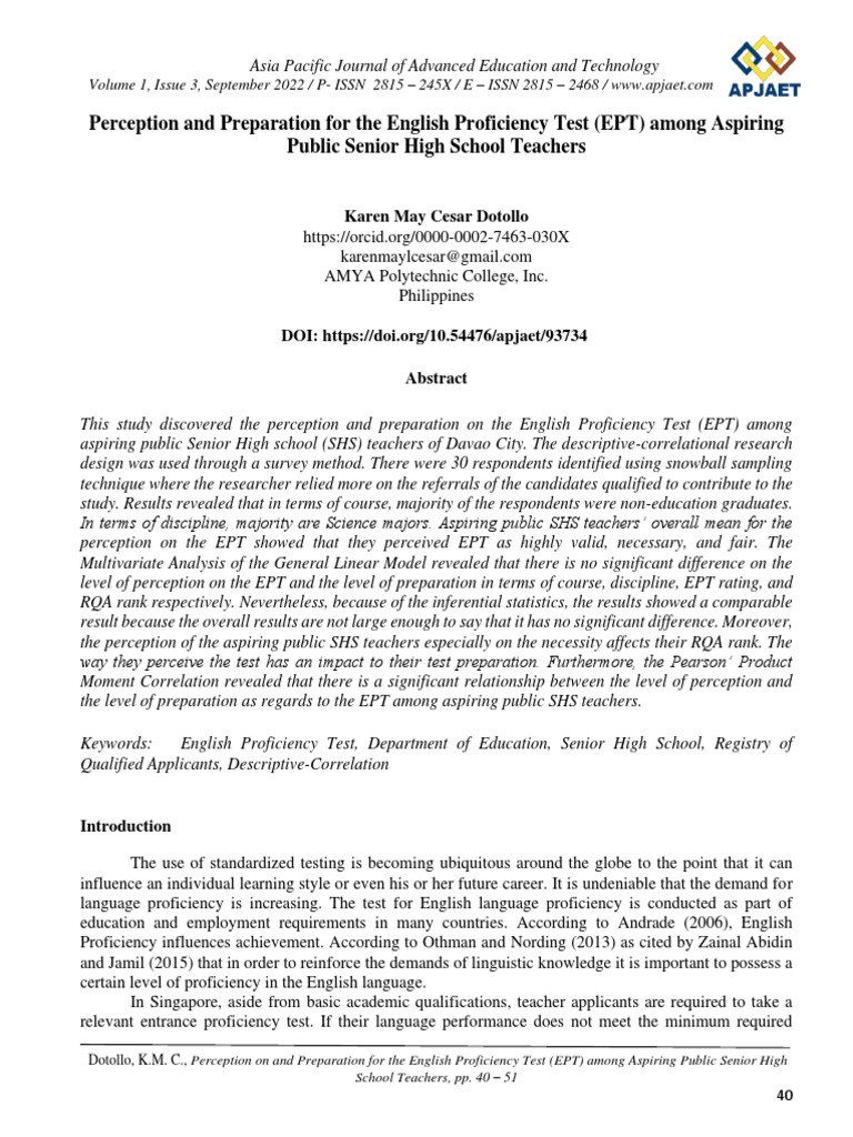 Perception On and Preparation For The English Proficiency Test (EPT ...