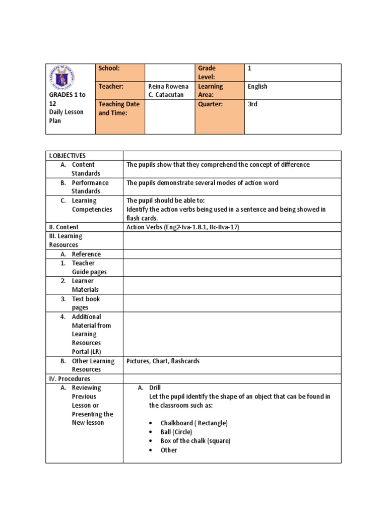 Lesson Plan in Tegr 114 (Catacutan, Reina) BEED3B | PDF | Shape | Color