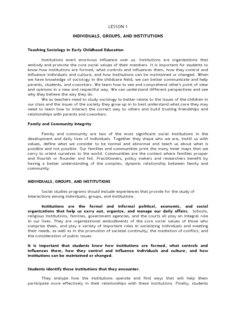 Lesson 1 - Individuals, Groups, & Institutions | PDF | Institution ...