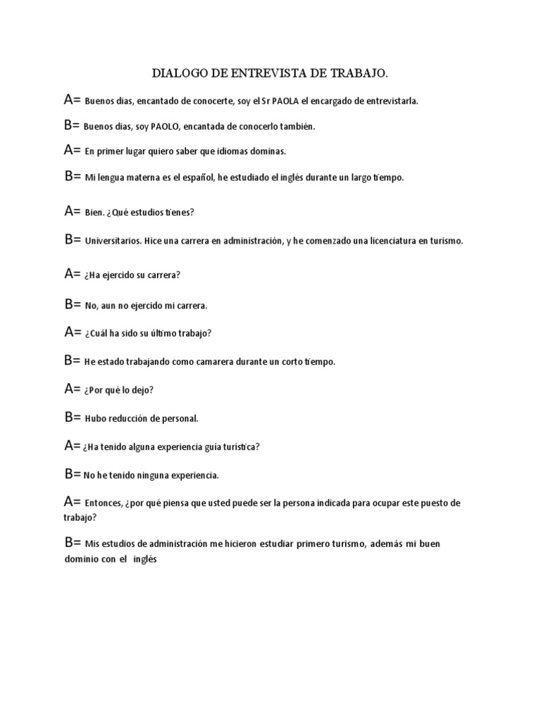 Diálogo de Entrevista de Trabajo Ejemplo | PDF
