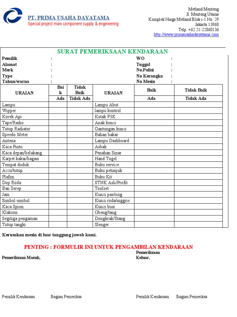 Form Check List Kendaraan | PDF
