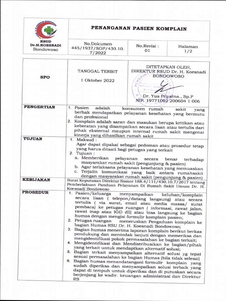 SPO Penanganan Pasien Komplain | PDF