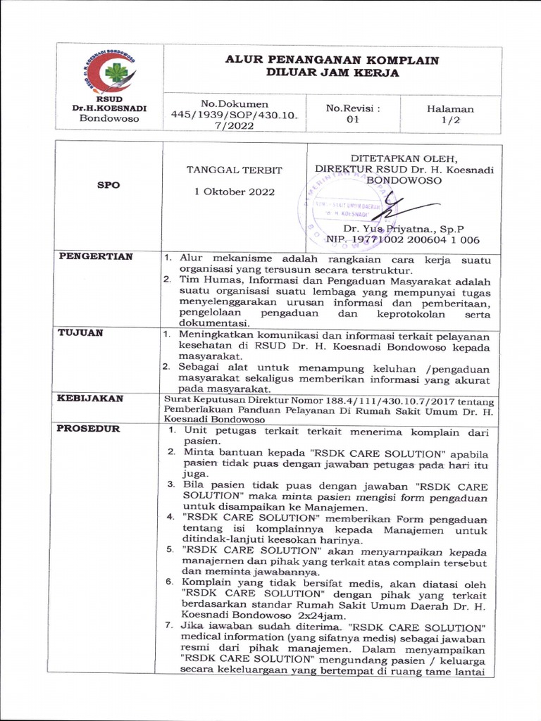 SPO Alur Penanganan Komplain Diluar Jam Kerja | PDF