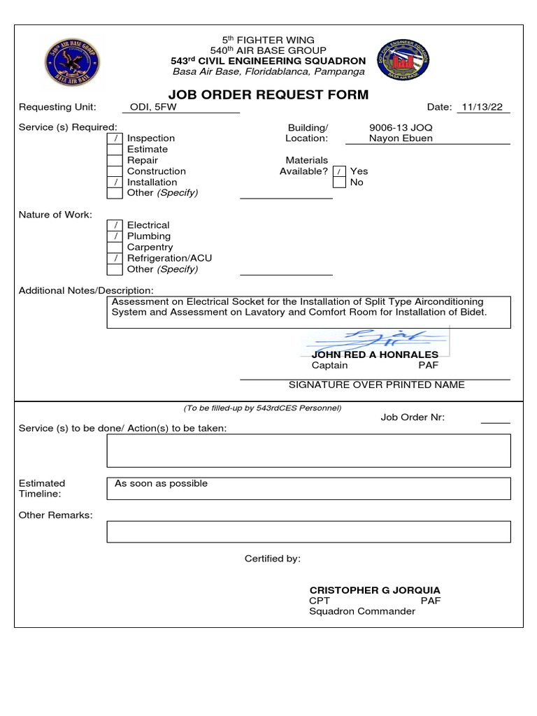 Job Order Request Form Di Quarters 13 Nov 2022 | PDF