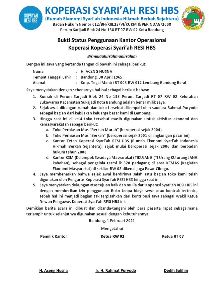 Bukti Status Kantor Kopsyah Resi Hbs | PDF