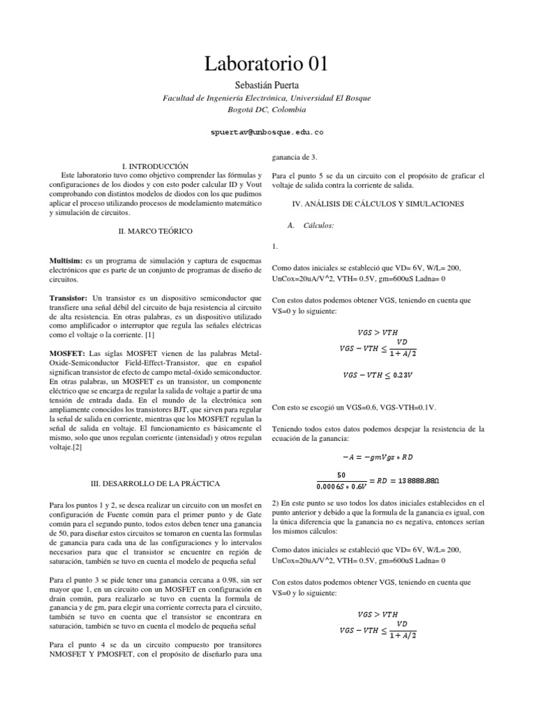 Laboratorio-01-Electronicos2-Sebastian Puerta | PDF | Transistor | Electrónica