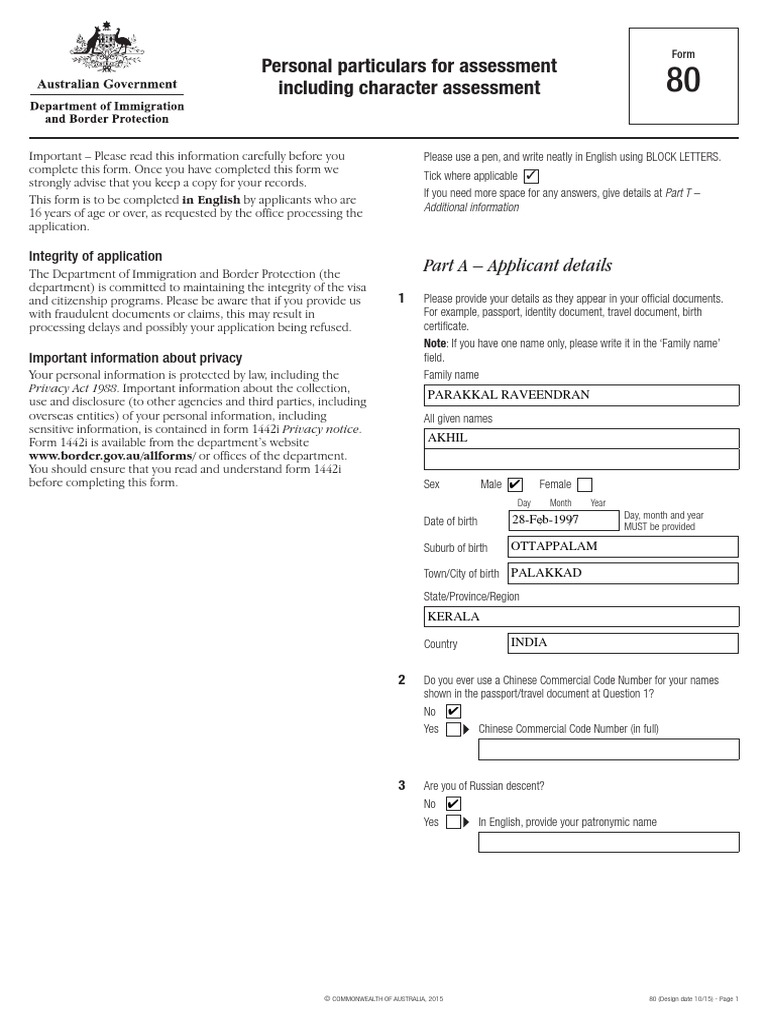 Form 80 - Draft | PDF | Identity Document | Travel Visa