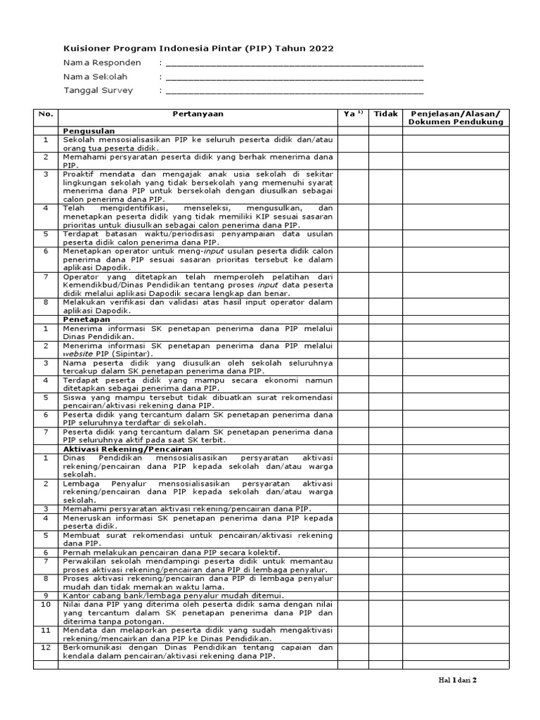 Kuesioner Monev PIP - 2022 | PDF