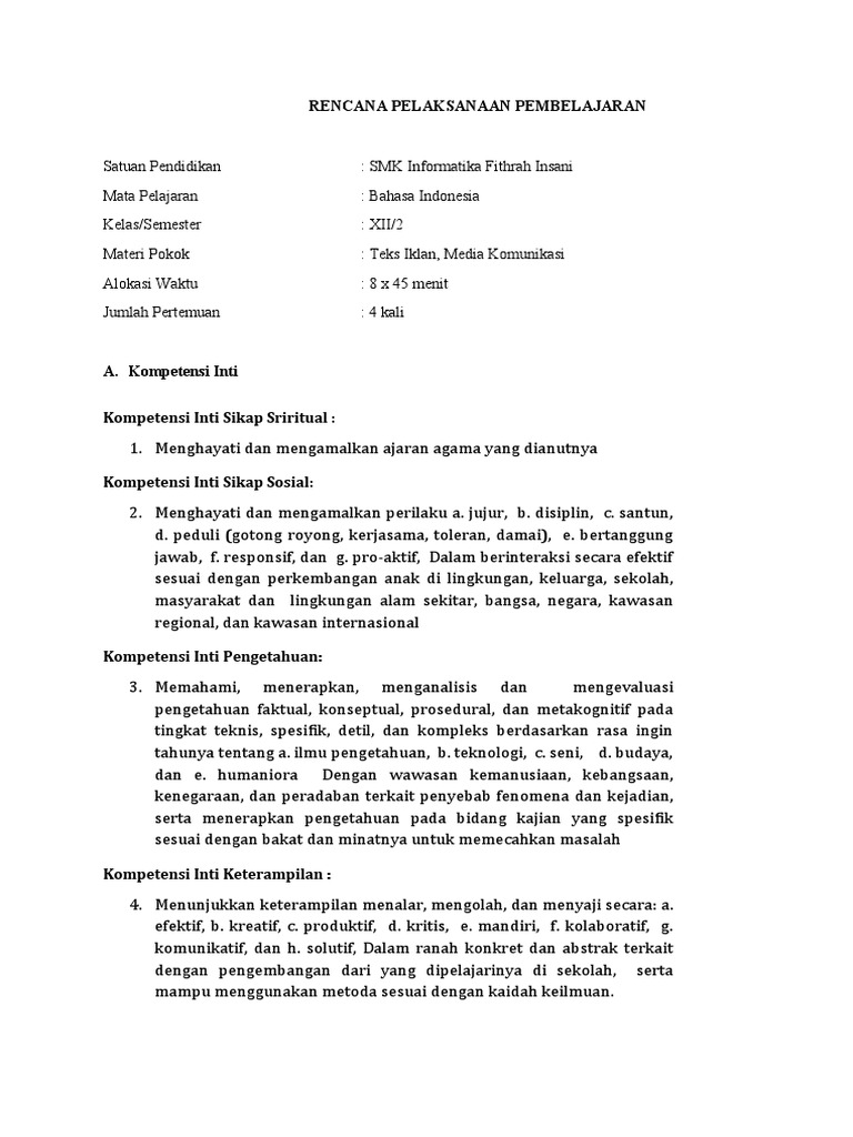 RPP Teks Iklan Dan Surat Dinas Bahasa Indonesia SMK XII Semester 1 | PDF | Karier & Perkembangan ...
