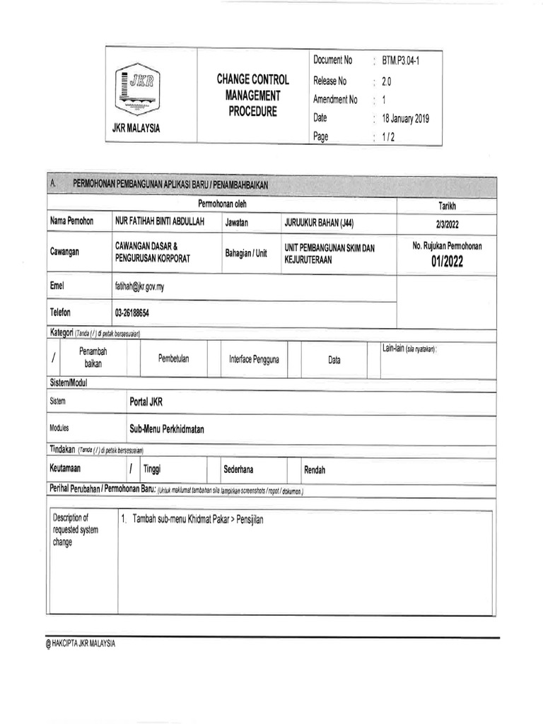 Borang Change Request BTM - Sub Menu | PDF