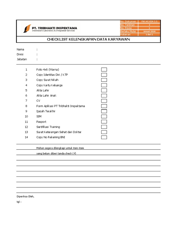 FM - HC-014.1.1 - Form Checklist KLNGKPN Dok. Kary. Rev. 0 | PDF