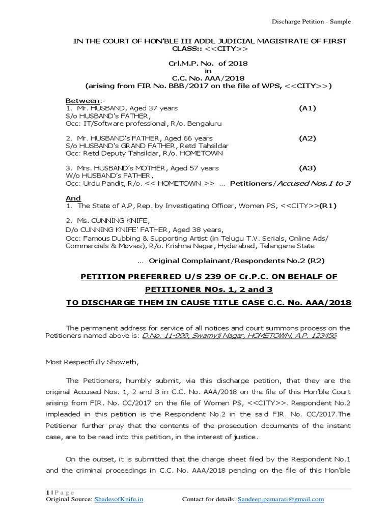 Discharge Petition Under Sec 239 CRPC in Sec 498A Case | PDF | Complaint | Supreme Court Of India