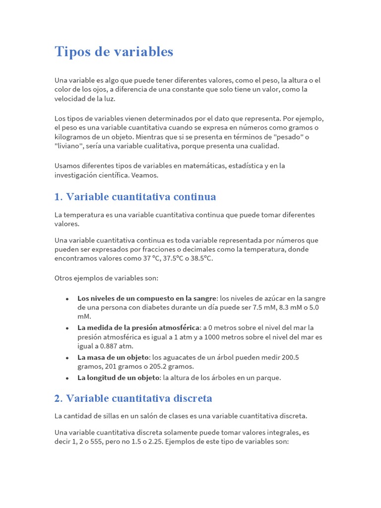 Tipos de Variables en Estadística y Ciencia | PDF | Variables ...