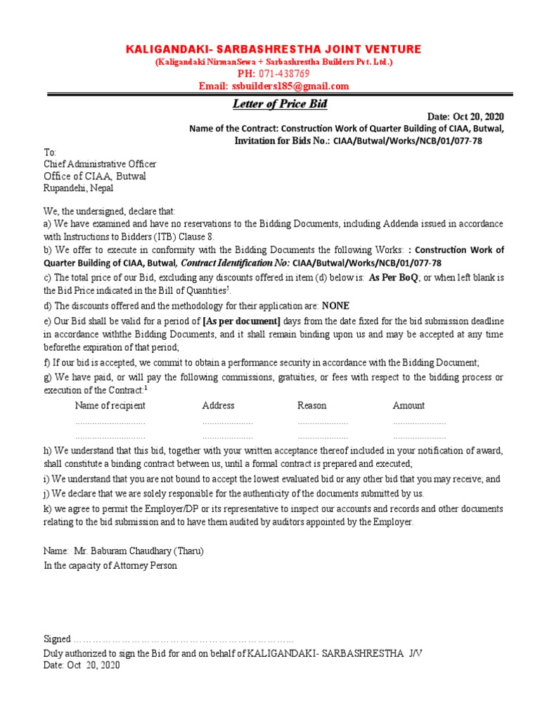 Sample For Latter of Price Bid | PDF | Audit | Common Law