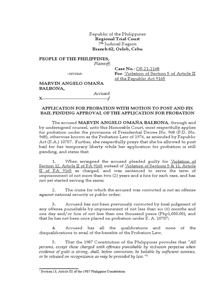 Application For Probation With Motion To Post Bail | PDF | Bail | Probation Application For Probation With Motion To Post Bail | PDF | Bail | Probation