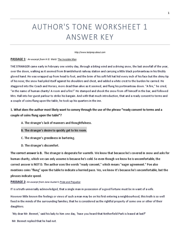 Author's Tone Worksheet Answer Key | PDF | Pride And Prejudice