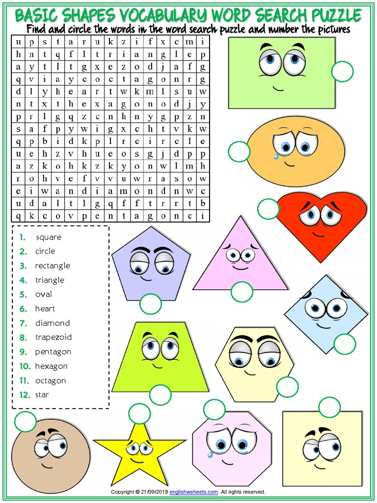 Shapes Vocabulary Esl Word Search Puzzle Worksheet For Kids | PDF