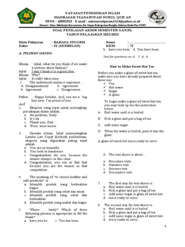 Soal Pas Ganjil B.inggris Kelas 9 | PDF | Elephant